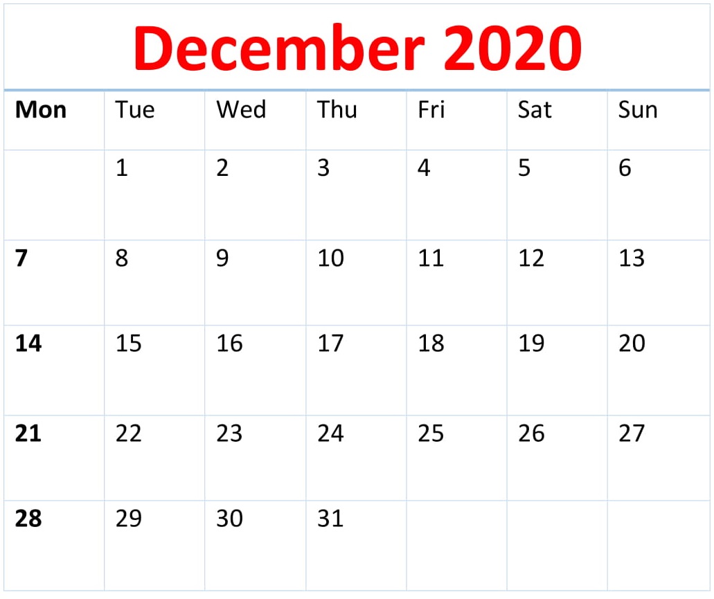 Dec 2020 Calendar Printable Printable Templates